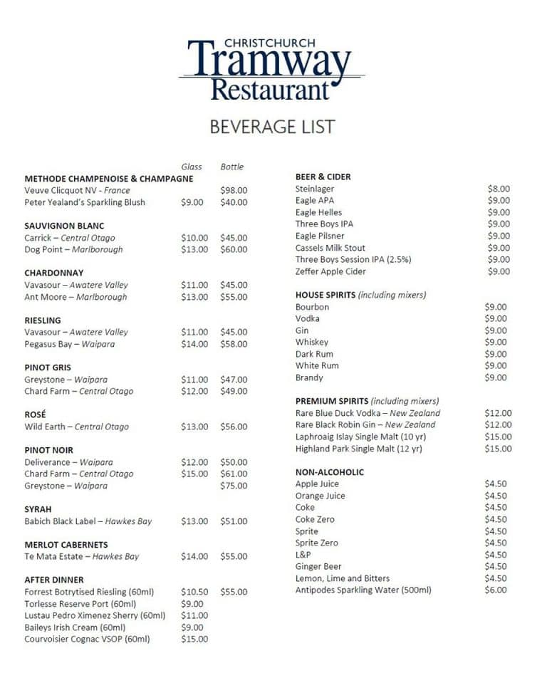 Christchurch Tram Restaurant Menu